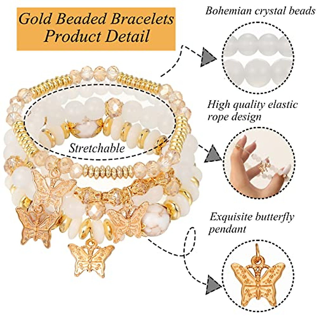 FAXHION Bohemian Bracelets for Women Girls, Gold Beaded Stackable Stretch Bracelet Set, Butterfly Elastic Colorful Charm Bracelets Boho Jewelry (B-bracelet set-4pcs)