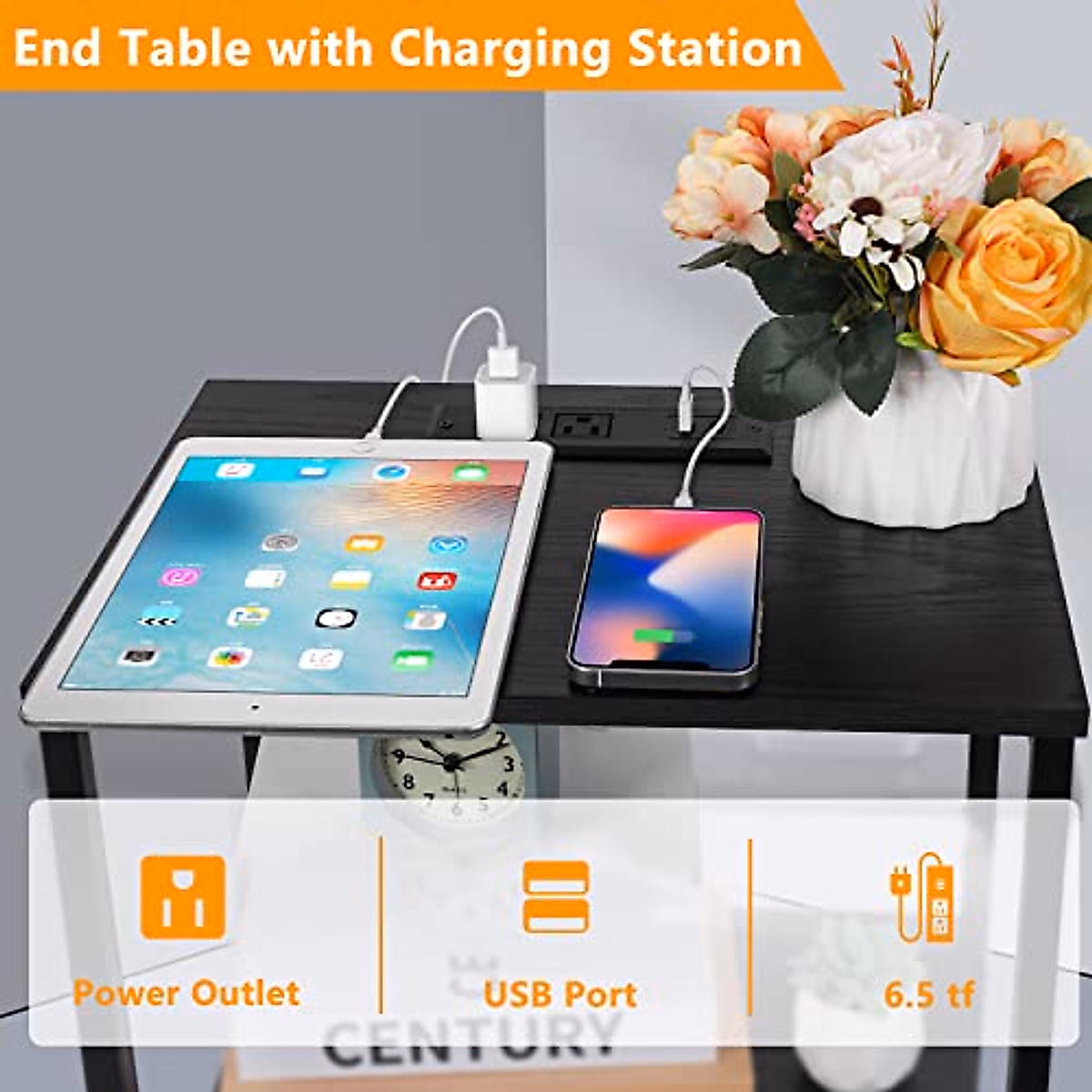 Vrisa Nightstand with Charging Station Black Bedside Table Fabric Drawers End Table with Open Shelf Night Stand with USB Port and AC Outlet for Bedroom