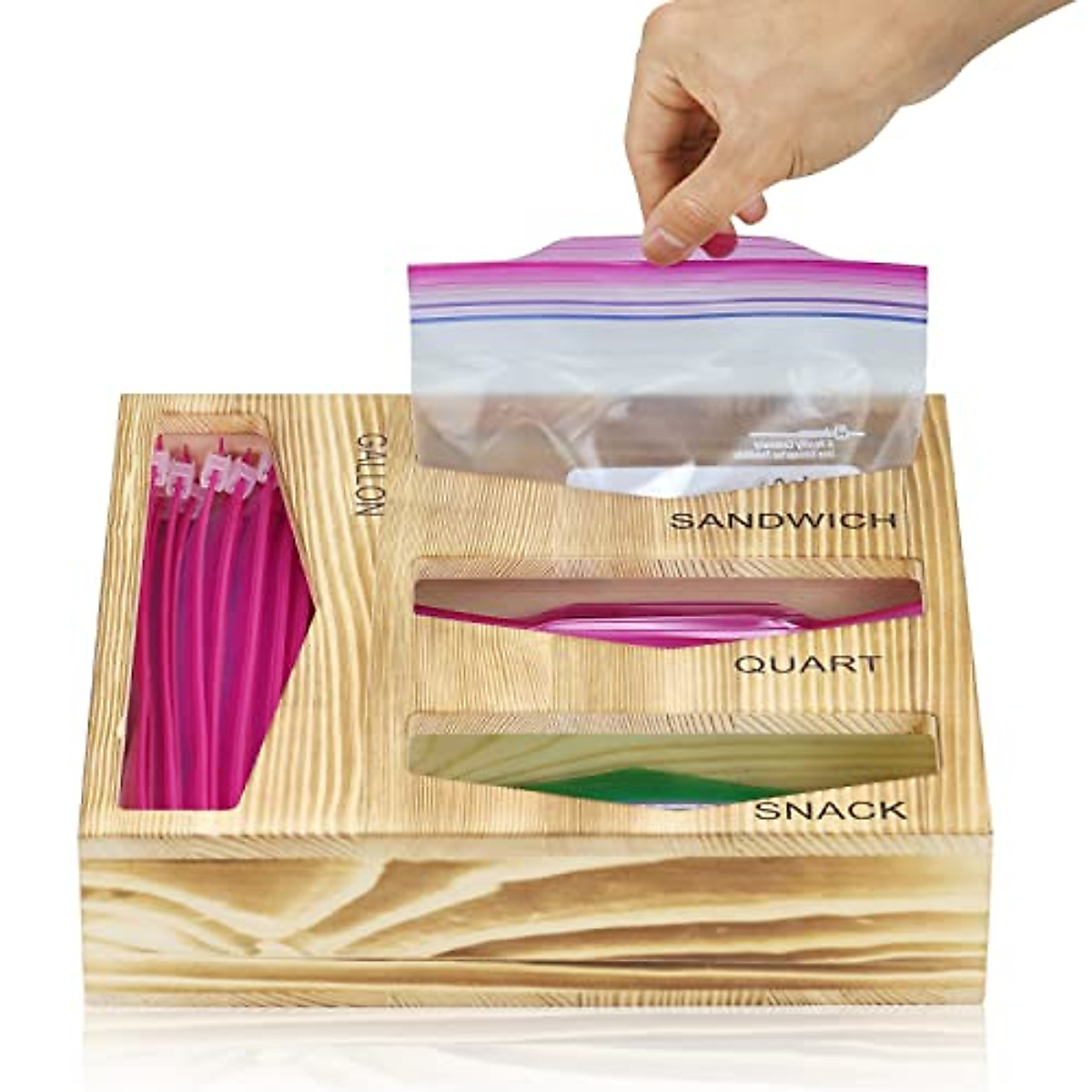 Ziploc Bag Storage Organizer for Drawer-Wood Ziplock Bag Storage Holds Gallon, Quart, Snack Sizes, Sandwich Compatible with Hefty, Glad, Ziploc and Reusable (Natural)