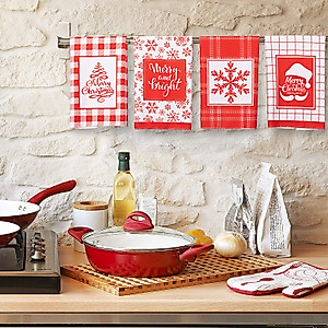 Whaline Christmas Kitchen Towel Red White Plaid Dish Towel Snowflake Xmas Tree Soft Dishcloth Large Size Decorative Holiday Cloth Towel for Christmas Home Kitchen Coking Baking, 4 Designs, 28 x 18