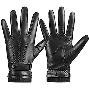 Potopok Winter Sheepskin Leather Gloves for Men, Warm Touchscreen Texting Gloves with Soft Cashmere Lining, Fashion Driving Gloves for Outdoor Sports(Black-L)