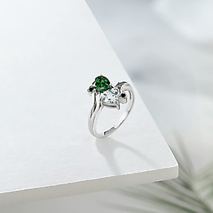 Gem Stone King 925 Sterling Silver Green Nano Emerald Sky Blue Aquamarine and Black Diamond Ring For Women (1.38 Cttw, Heart Shape 6MM, Gemstone May Birthstone, Available In Size 5, 6, 7, 8, 9)