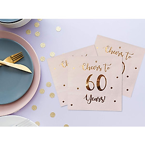 Cheers to 60 Years Cocktail Napkins | Happy 60th Birthday Decorations for Men and Women and Wedding Anniversary Party Decorations | 50-Pack 3-Ply Napkins | 5 x 5 inch folded (Pink)