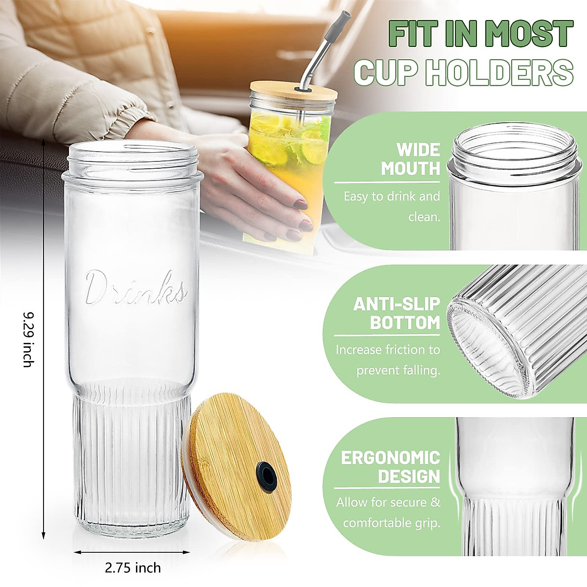 Nefeeko 32oz Glass Tumbler with Straw and Lid, Reusable Glass Water Bottles with Bamboo Lids Iced Coffee Cup Sleeve, BPA Free Leak Proof Water Tumbler with Handle Fits in Car Cup Holder (B)