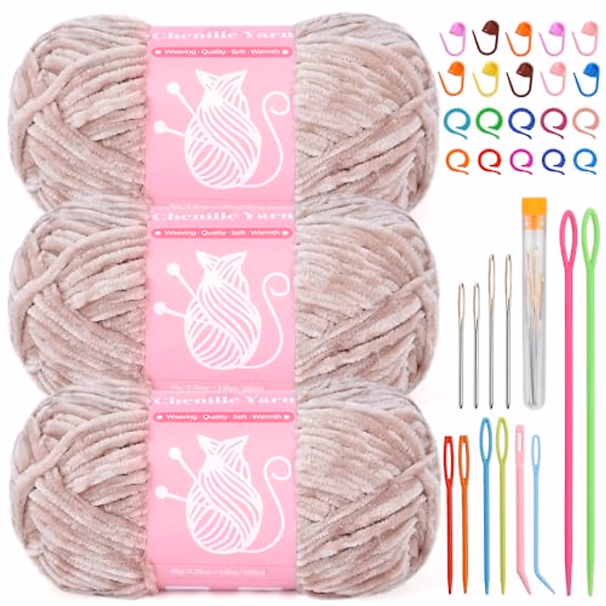 LUNARM Chenille Velvet Yarn, Yarn for Crocheting Knitting with Big Eye Needles, Handcrafts Weaving Soft Chenille Yarn for Making Blankets, Clothes, Pattern Knitting-3*3.35oz,3*162yds (Light Khaki)