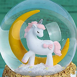 VECU Unicorn Snow Globe, 80 MM Automatic Snowfall Cartoon Moon Music Box Home Decoration for Girls Kids Granddaughters Babies Birthday Gift, Musical, Resin/Glass