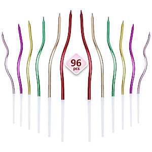96PCS Metallic Colorful Twisted Birthday Candles - Spiral Long Thin Curly Coil Cake Candles with Holders for Birthday Wedding Party