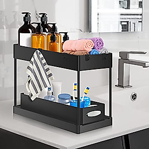 EuroBird Under Sink Organizer and Storage, 2-Tier Under Bathroom Cabinet Storage Sliding Drawer with 4 Hooks, Multi-purpose Under Sink Storage Shelf Rack for Bathroom Kitchen
