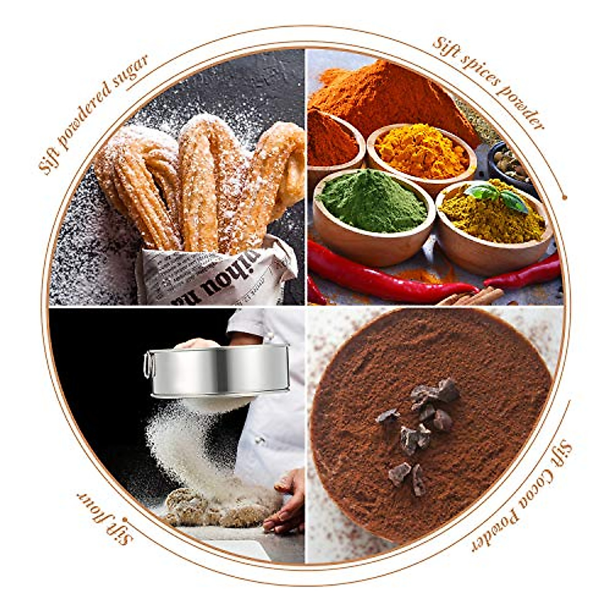 3 Pieces Tamis Flour Sieve Set Round Fine Sieve 6 Inch Stainless Steel Baking Tamis Mesh Sifter 60 Mesh with Clean Brush and Dough Scraper