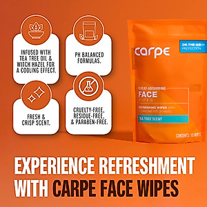 Carpe Sweat Absorbing Face Wipes (15 Facial Wipes). Witch Hazel & Tea Tree Oil Wipes Infused with Eucalyptus. Energizing, Refreshing, and Soothing. Sweat and Oil Control