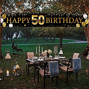 50th Birthday Decorations Yard Banner, Black Gold Happy 50th Birthday Decorations for Men Women, 50 Years Old Birthday Party Backdrop, 60 Birthday Sign for Outdoor Indoor, Fabric Vicycaty