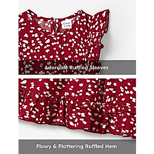 PATPAT Mommy and Me Dresses Floral Printed Bowknot Ruffles Sleeve Dress Mom Daughter Matching Outfits Baby Girls 9-12 Months Vivid Red