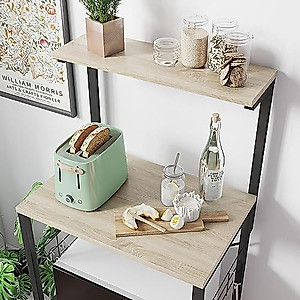 Bestier Bakers Rack, 4-Tier Microwave Stand Coffee Bar Table on Wheels, Utility Storage Rack with Sliding Shelf & 10 Side Hooks for Kitchen, Living Room, Dining Room, Oak