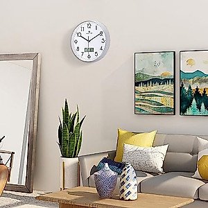 Lafocuse Silver Wall Clock with Date,Month,Day of Week and Temperature, Silent Non-Ticking Battery Operated Clock for Living Room Bedroom Office Decor