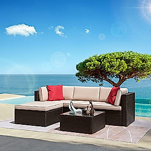 Rankok 5 Pieces Patio Furniture Sectional Outdoor PE Rattan Wicker Lawn Conversation Cushioned Garden Sofa Set (Beige) …