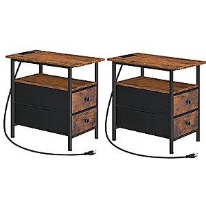 HOOBRO End Table with Charging Station, Set of 2 Narrow Side Tables, Nightstand with 2 Non-Woven Drawers, Slim Sofa Table, for Small Spaces, Living Room, Bedroom, Rustic Brown and Black BF486UBZP201