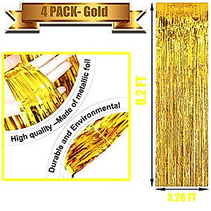 4 Pack Gold Foil Fringe Curtain Backdrop, 3.28Ft x 8.2Ft Metallic Tinsel Foil Fringe Streamer Curtains for Photo Booth Props Decor Party Supplies