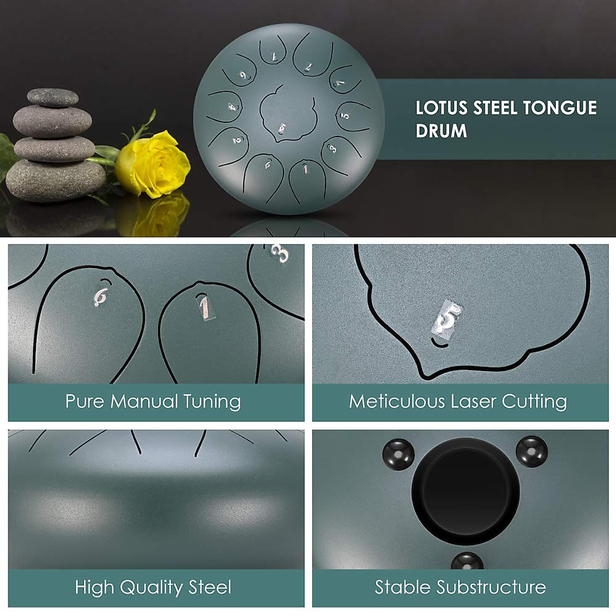 Tongue Drum, 12 Inch 11Notes Steel Tongue Drum Percussion instrument with Drum Mallets Carry Bag, 2 Drumsticks And Textbook (Green)