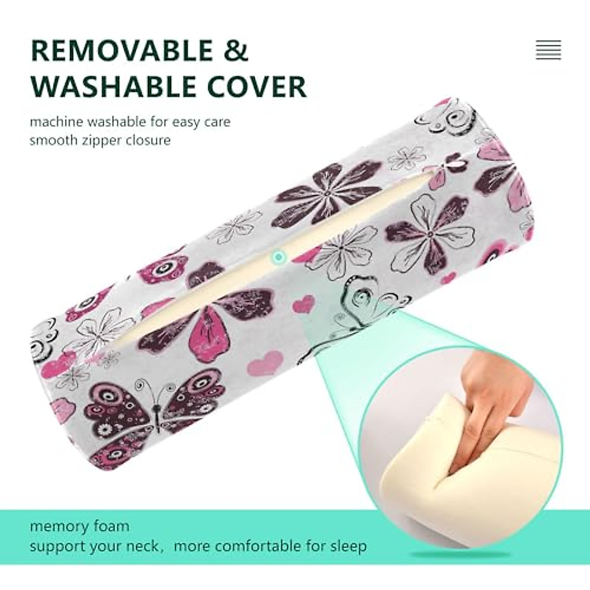 xigua Pink Butterfly Floral Neck Roll Pillow for Neck Relief with Removable Washable Cover - Memory Foam Round Cylinder Bolster, Ergonomically Designed for Head, Neck, Back, and Legs