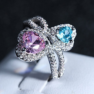 Wedding Bands for Women Double 2-Stone Heart Rainbow Eternal Engagement Ring Girls Ring Stackable Zirconia Engagement Rings Eternity- Promise Band Rings Girl Jerwery Gift Size 6-10 (A, 6)