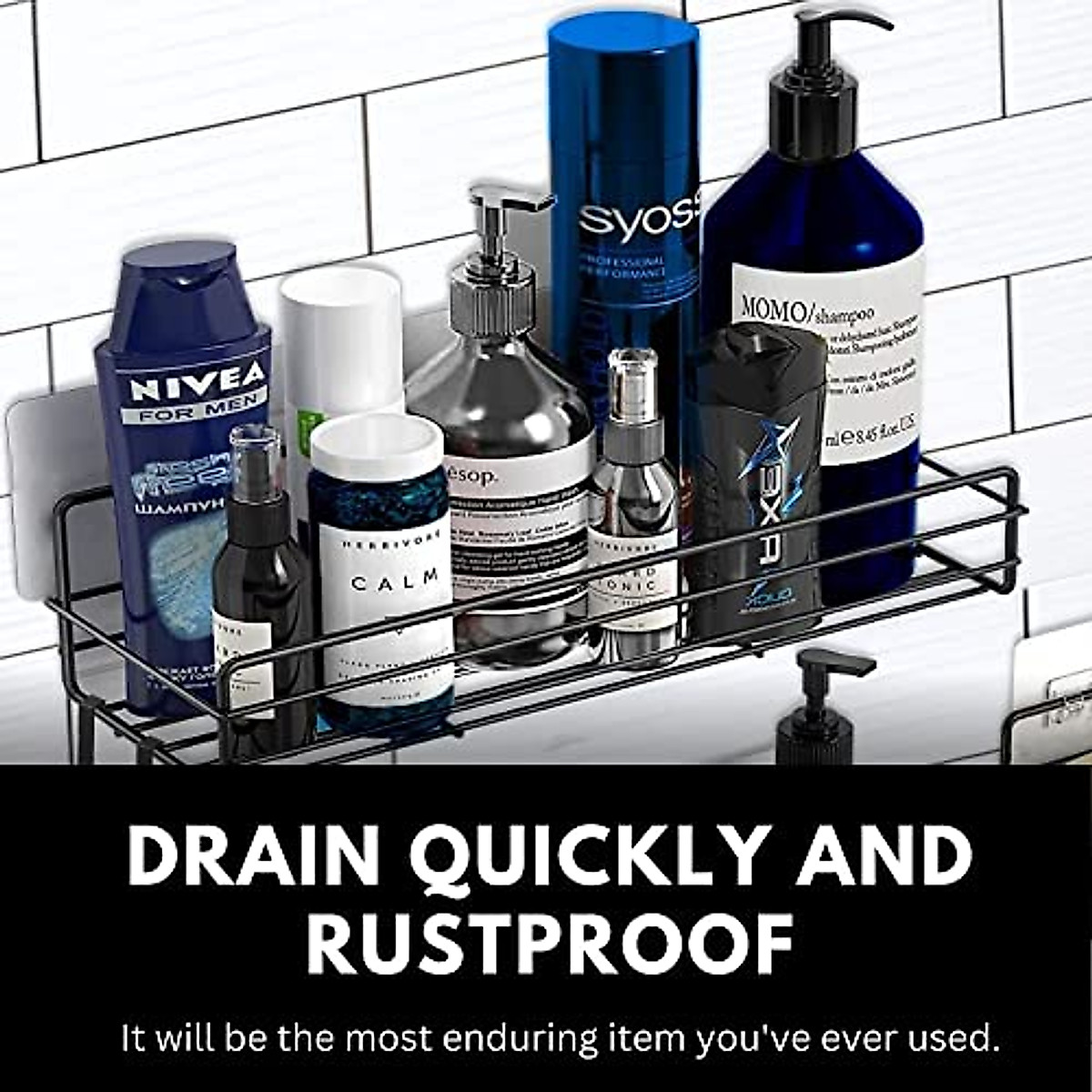 4-Pack Shower Caddy, No Drilling Adhesive Shower Shelf, Rustproof Stainless Steel Bathroom Shower Organizer Storage, Shower Shelf for Inside Shower & Kitchen Storage, Black