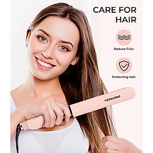 PRITECH Flat Iron Hair Straightener, Titanium Flat Iron with Adjustable Temp(290°F-450°F), 1 inch Plate for All Hairstyles Anti-Scald Dual Voltage Straightening and Curler 2 in 1 (Pink)