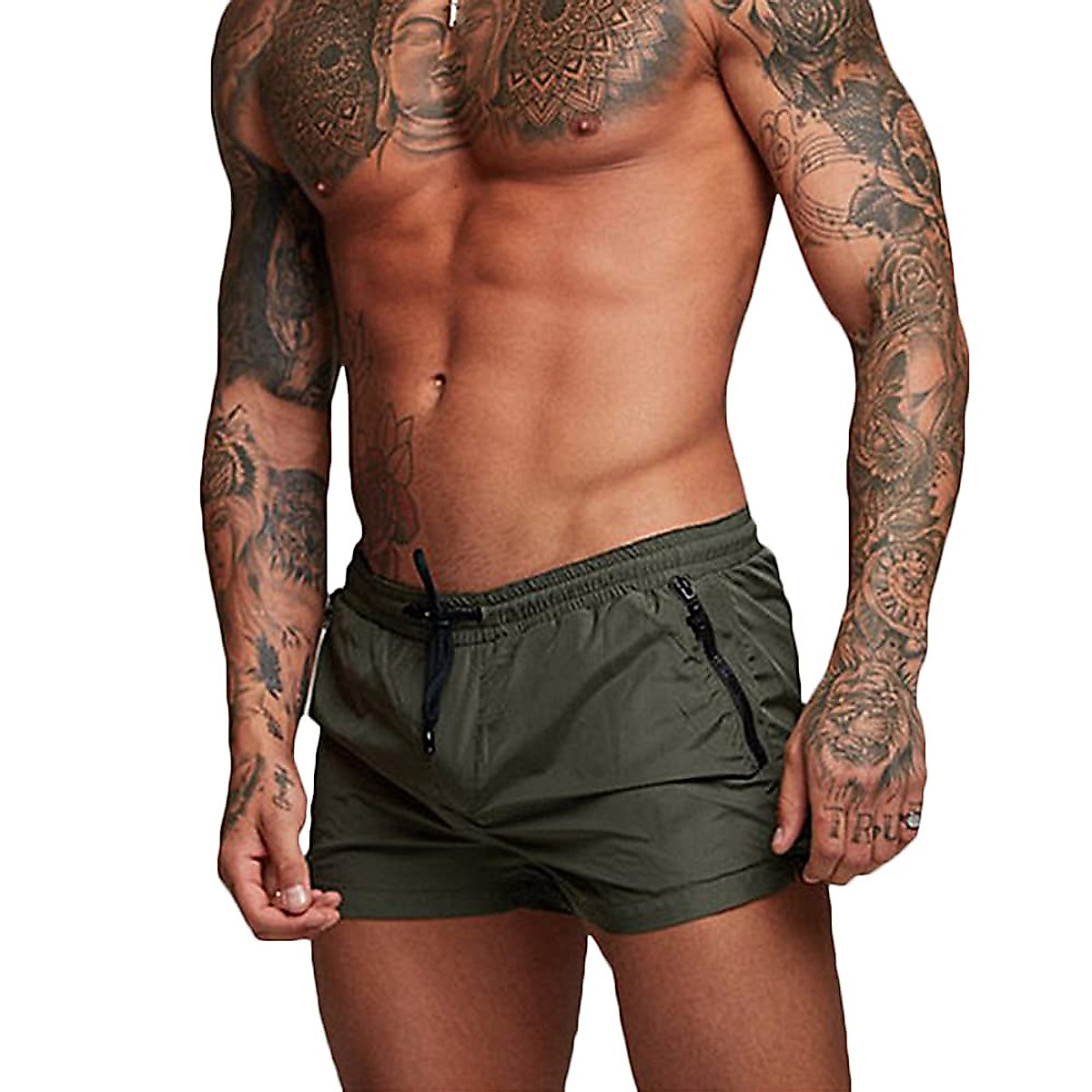 Rexcyril Men's Athletic Gym Workout Shorts 3 Inch Quick Dry Running Bodybuilding Short Shorts with Liner and Zipper Pockets, Army Green, Medium
