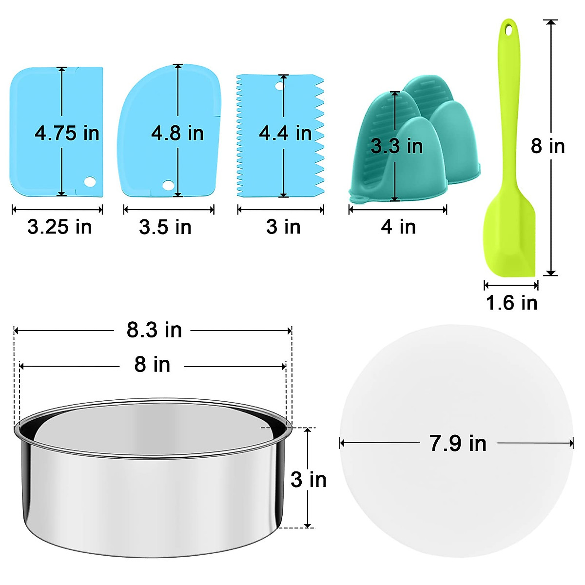 TeamFar Cake Pan, 2 Pcs 8x3 Inch Round Cake Pan, Stainless Steel Deep Layer Cake Pans with 60 Pcs Parchment Papers, 3 Pcs Cake Smoother Scrapers & Silicone Spatula & Mitts, Healthy & Practical