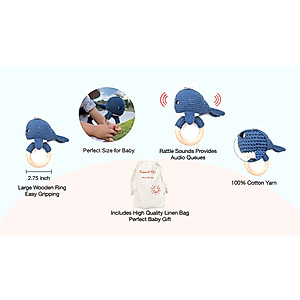 KawaiOnO Handmade Cotton Crochet Amigurumi Rattle - Educational Baby Stuff for New Moms, Stuffed Animals for Infants, Baby Boy Stuff - Blue Whale with Wooden Handle - Perfect for Newborns and Toddlers