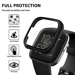 2 Pack LϟK Smartwatch Case Compatible for Fitbit Versa 2 Built-in Tempered Glass Screen Protector, All-Around Ultra-Thin Bumper Full Cover Hard PC Protective Case - Black