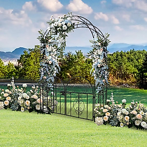 Stonehomy 84in High Metal Garden Arbor with Gate, Heavy Duty Wide Garden Arch, Metal Arch Trellis with Gate for Climbing Plant, Wedding, Outdoor Patio Décor, Black(84"x52.4"x19")