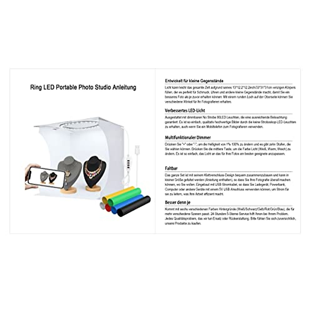 Folding Photo Studio Light Box Kit, 12.2 x 12.2inch Portable Photography Shooting Booth Table Top Light Tent Kit with 80 LED Lights (10 Levels Dimmable 3 Colors) and 6 Colors Backdrops