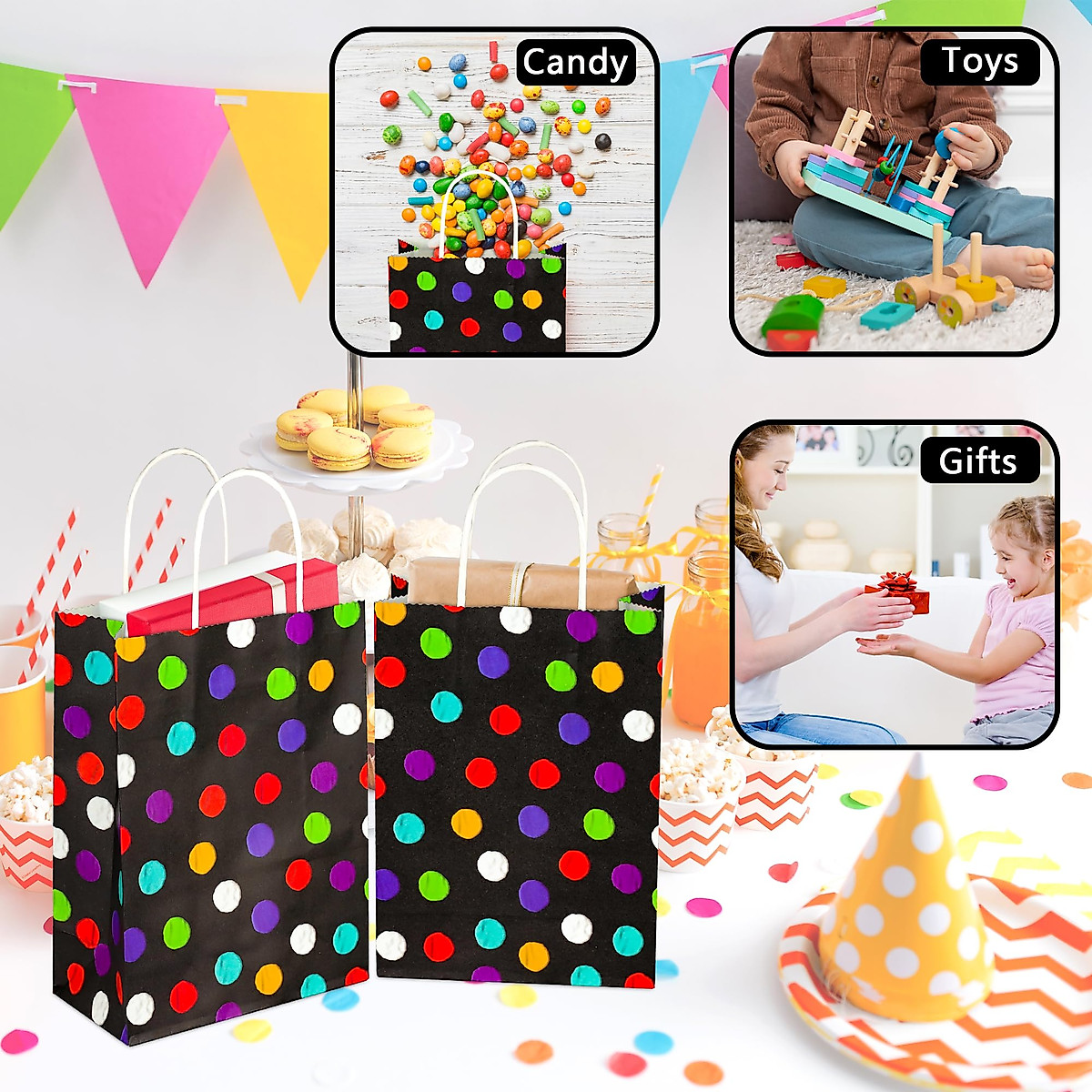 BLEWINDZ 24 Pieces Small Gift Bags with Handles and Tissue Papers, Stripe Birthday Goodie Bags for Wedding, Birthday, Party Supplies