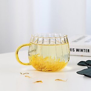 LUATSDAR 14 oz Glass Coffee Mugs Set of 4, Drinking Glasses with Yellow Handle, Clear Glass Cups for Hot or Cold Drinks like Cappuccino, Latte, Cocoa, Milk, Tea