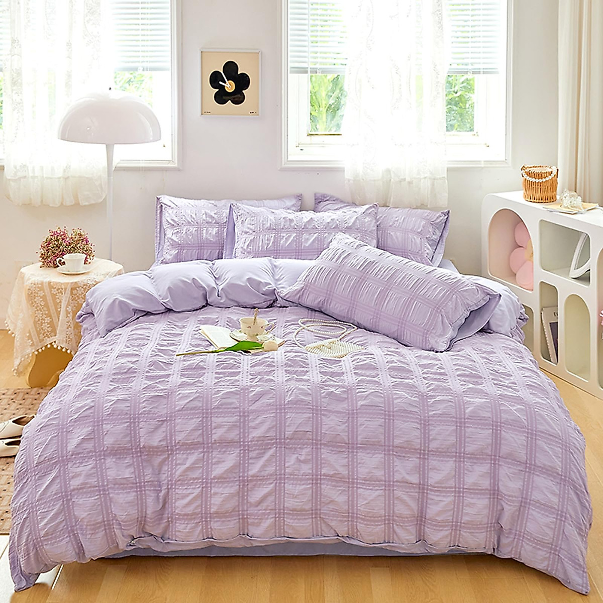 Beyeutao Seersucker Duvet Cover Set King Size Purple Seersucker Duvet Cover Modern Style Textured Bedding Set 3 pcs Breathable Lightweight Comforter Cover with Pillow Shams.