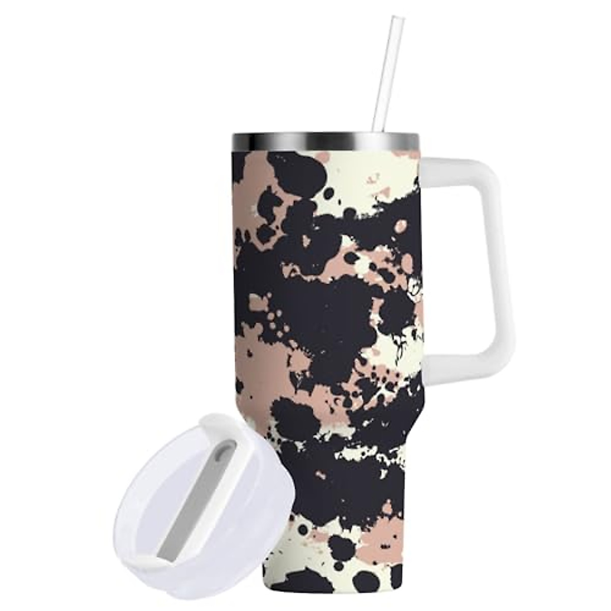 GKCLOCK 40 oz Tumbler with Handle and Straws, Insulated Reusable Stainless Steel Travel Coffee Mug Water Bottle for Office & Outdoor, Cupholder Friendly (Pink Camouflage Style)