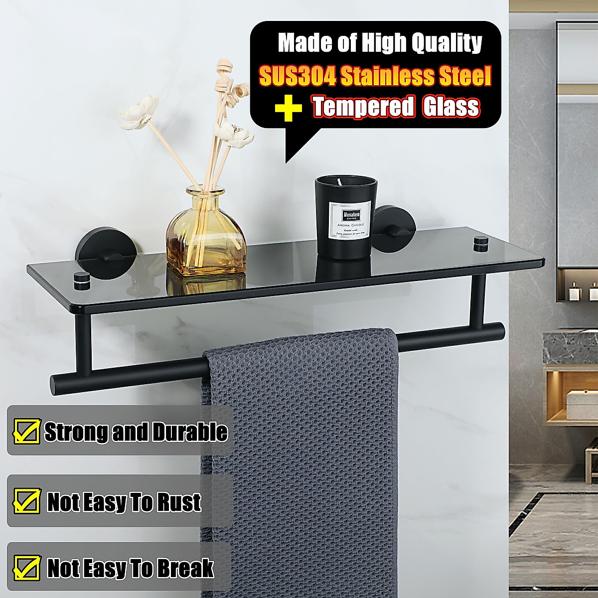Alise Glass Shelves for Bathroom, 15.7 Inch Floating Glass Shelves for Wall，SUS304 Stainless Steel Floating Shelves for Bathroom, Toilet, Room Decor.Black Finish GDL400BAR-B