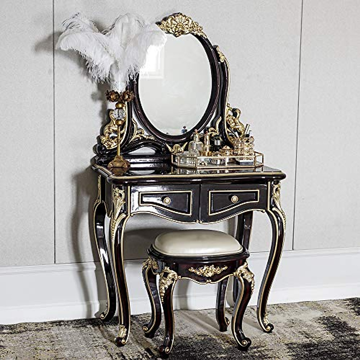 Dressing Table with Stool Mirror with 2 Drawers (Black)