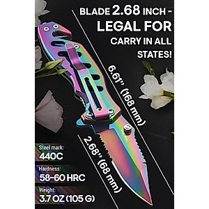 Rainbow Pocket Knife - Legal Knife with Glass Breaker Seatbelt Cutter - 2.68 Inch Serrated Blade - Cute Womens Knives - Cool Small Folding Knife for Self Defense - Birthday Gifts for Women - 6655 R