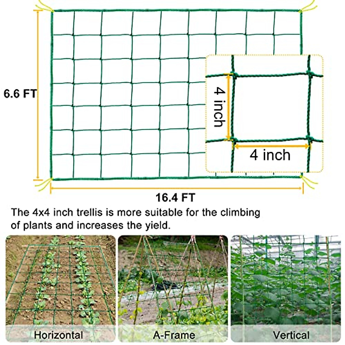 Garden Trellis Netting for Climbing Plants Outdoor, 6.6x16.4 FT Plant Netting for Cucumber, Tomato, 27 Strands Trellis Net with 4x4 Inch Mesh as Vegetable Netting for Grape, Bean