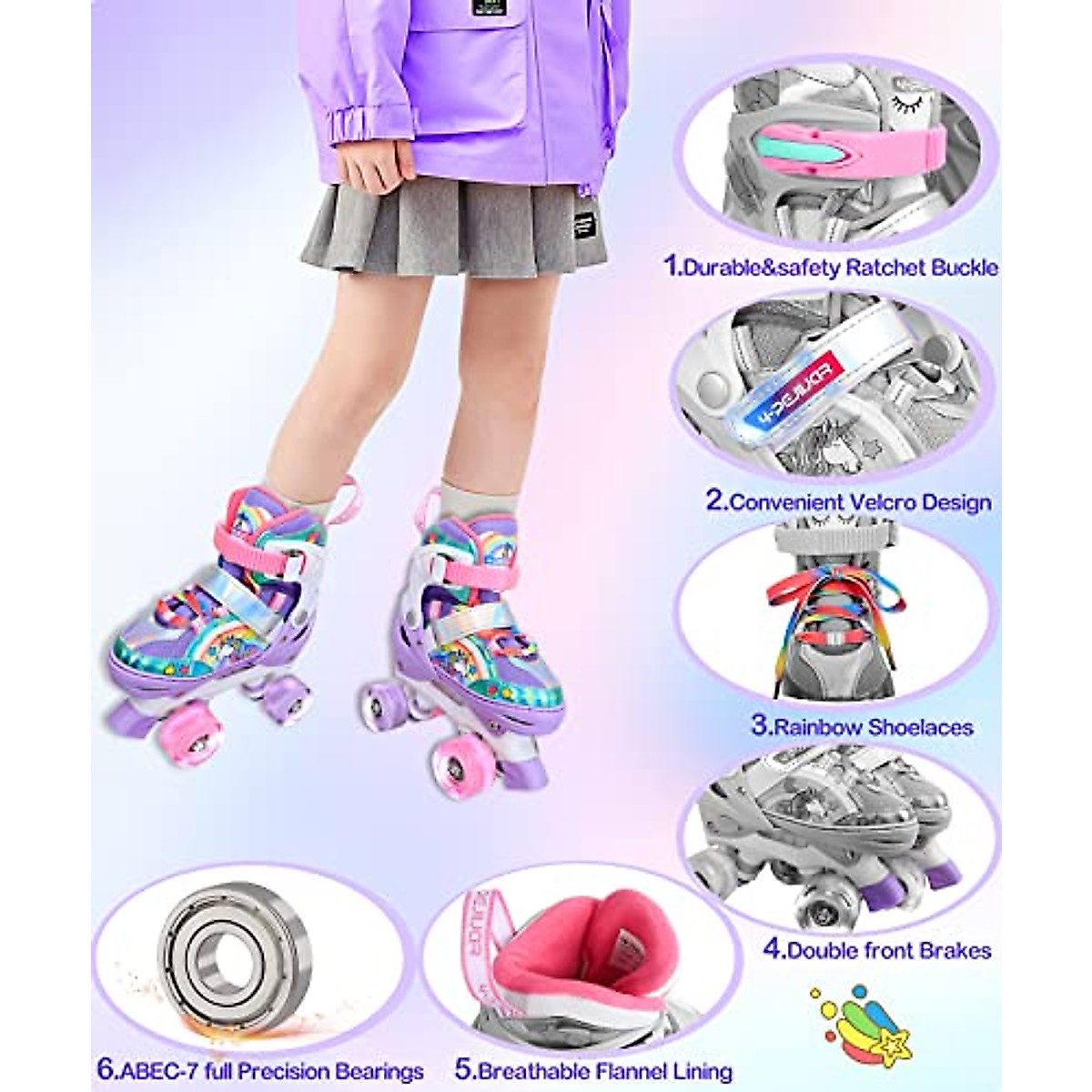 Rainbow Unicorn Kids Roller Skates for Girls Boys Toddler Ages 6-12,4-Pejiijar Adjustable Roller Shoes with Luminous Wheels for Birthday Xmas Gifts.