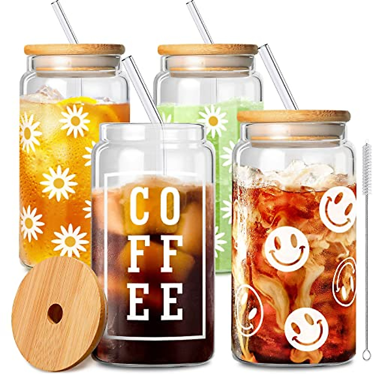 GMISUN Glass Cups with Lids and Straws, 16oz Iced Coffee Cup, Beer Can Glass with Lids and Straw, Drinking Glasses with Bamboo Lids Coffee Bar Accessories for Beer/Juice, Exclusive Transfer Labels