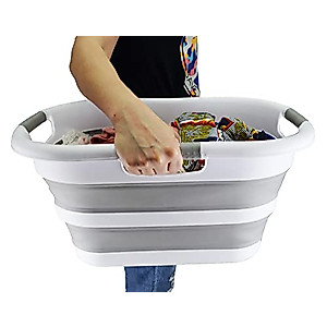 SAMMART 30L (7.9 gallon) Collapsible Plastic Laundry Basket - Foldable Pop Up Storage Container/Organizer - Portable Washing Tub - Space Saving Hamper/Basket (1, White/Grey)