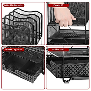 Simple Trending-Mesh Desk Organizer with Sliding Drawer, Double Tray with 5 Sections File Bookshelf, Black