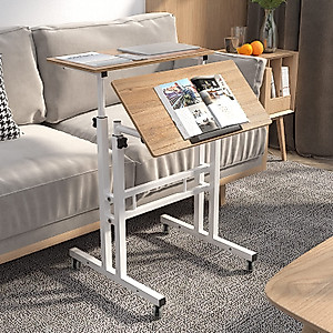 DlandHome Mobile Standing Desk Stand Up Desk Rolling Desk, Stand Sit Desk Mobile Computer Desk Adjustable Standing Desk 23.6inches Table Workstation Mobile Desk Cart Tray Oak