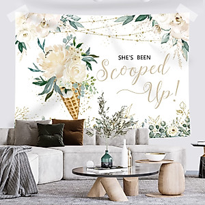 Rsuuinu Ice Cream Bridal Shower Backdrop She's Been Scooped Up White Flowers Green Leaves Photography Background Bridal Shower Party Decorations Cake Table Banner Supplies Photo Booth Props 7x5ft
