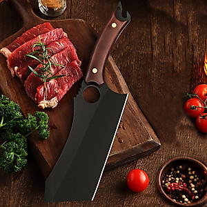 Meat Cleaver, 10 inch Black Meat Cleaver Boning Knife, Chef Chopping Butcher Cooking Knife, High Carbon Steel Sharp Kitchen Viking Knife with Sheath Gift Box Bottle Opener for Outdoor BBQ Camping