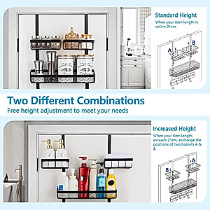 ETECHMART Over The Door Hooks Organizer, Door Hanger with 3 Mesh Baskets & Bamboo Coat Rack, Heavy Duty Towel Rack for Bathroom Kitchen Hanging Clothes Hats, Heavy Duty Back of Door Storage, Bamboo