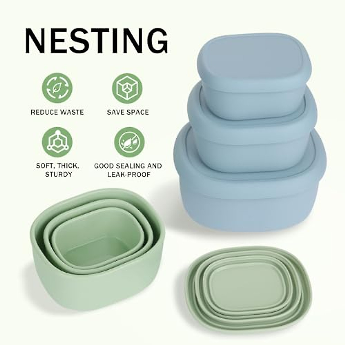 mwellewm 6 Pcs Silicone Food Storage Containers with Lids, Nesting Silicone Snack Box Containers Set Reusable Airtight Dishwasher and Freezer Safe Carry(6.7oz, 10oz, 20oz) - Green and Blue