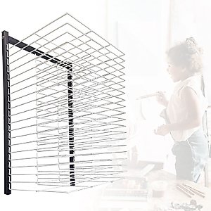 Metal Steel Art Drying Rack for Paintings, A3 Paper & Prints, Wall-Mounted Artwork Storage Display Rack with 20 Shelves for Classrooms, Art Studio and Home Use, White+Black